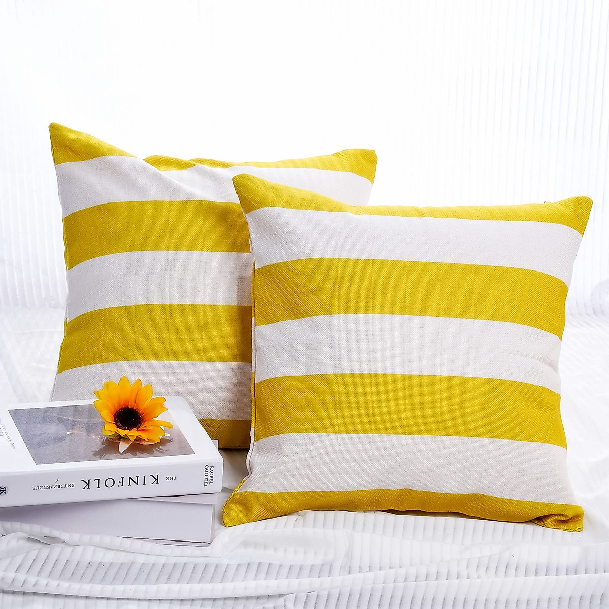 tiggell 2 Pack Waterproof Pillow Covers Outdoor Throw Pillowcases Decorative Garden Cushion Case for Home Garden Patio Couch Balcony Striped (Yellow & White, 18 * 18 inch)