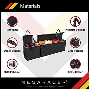 Mega Racer Black Trunk Organizer for Car, Truck, Van and SUV, 600D Polyester & Oxford Cloth Material, 4 Large Storage Pocket w/ 2 Adjustable Buckles and Magic Stick Support, Waterproof, 1 Piece