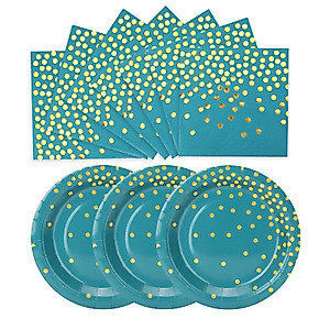 CENLBJ Blue Green Gold Paper Plates and Napkins - 25 x 7'' Dessert plates & 25 x 6.5'' Napkins,Green Paper Plates for Appetizers,Cakes,for Birthday,Father's Day,Independence(Serve 25)