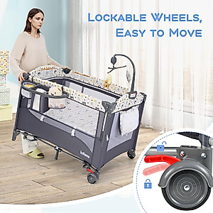 INFANS Pack and Play, 5 in 1 Baby Bedside Sleeper with Bassinet, Diaper Changer, Mattress, Carry Bag, Music Box Hanging Toys, Foldable Bedside Crib, Portable Playard for Newborn Toddlers (Bear)