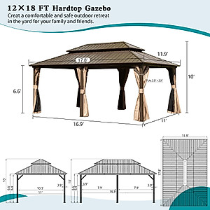 Domi 12' x 18' Hardtop Gazebo Permanent Metal Gazebo with Galvanized Steel Double Roof, Curtains and Netting for Party, Wedding, Outdoor Dining, Patio, Backyard, Brown