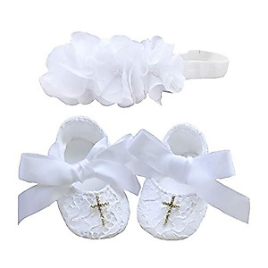 Bow Dream Baby Girl Baptism Christening Shoes and Headband Set White Reinstones 0-3 Months