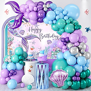 DataMoon Mermaid Birthday Party Decorations - 105pcs Mermaid Birthday Balloons Garland Arch Decorations Including Mermaid Backdrop, Mermaid Tablecloth for Birthday Party,Baby Shower, Gender Reveal.