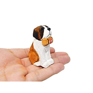 Bernard Dog Puppy Figurine - Miniature 2 Inch Wooden Carving Handmade Home Decor Small Animal Garden Statue Pet Canine Hound