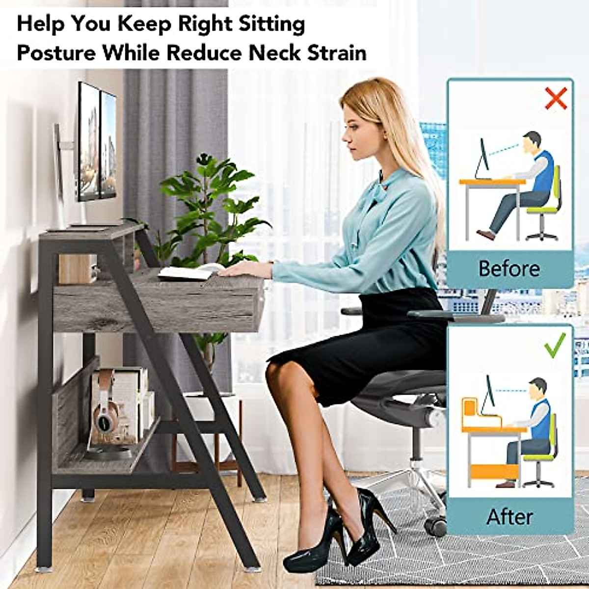 Tribesigns Computer Desk with Storage Shelf & Drawers, Modern 47 inch Office Writing Desk Study Table with Monitor Stand Riser for Home Office Use (Grey)