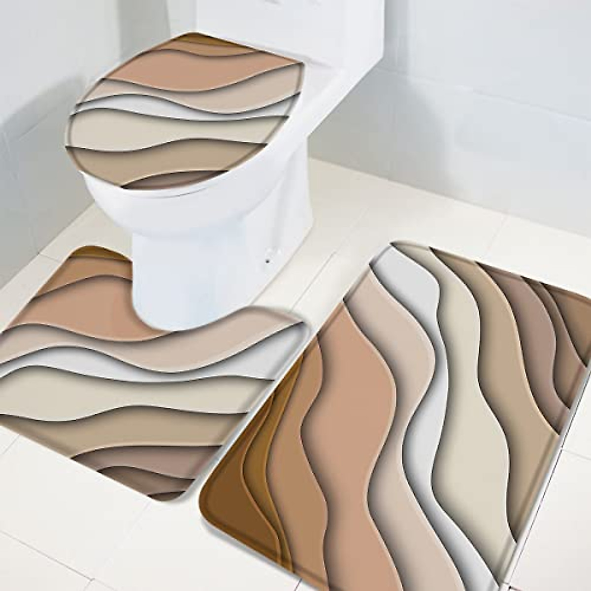 Ombre Bath Rugs for Bathroom Set 3 Piece Beach Geometric Gradient Brown Striped Non-Slip Washable Memory Foam Absorbent Bath Mat Runner Rugs for Tub Shower,U-Shaped Toilet Floor Mats,Toilet Lid Cover