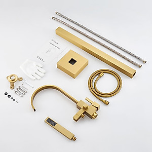 Artiqua Freestanding Bathtub Faucet Floor Mount Tub Filler Brushed Gold Brass Bathroom Faucets Single Handle with Hand Shower