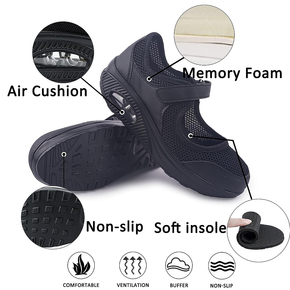Women's Comfortable Working Nurse Shoes Non-Slip Adjustable Breathable Walking Buffer Fitness Casual Nursing Orthotic Lightweight Shoes US/8 Aa-Black