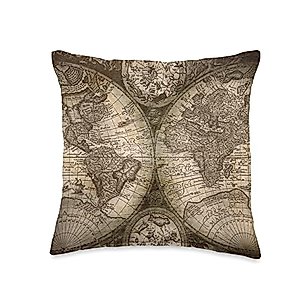 Decorative Delights Antique Vintage Old World Map Atlas Rustic Travel Globe Throw Pillow, 16x16, Multicolor