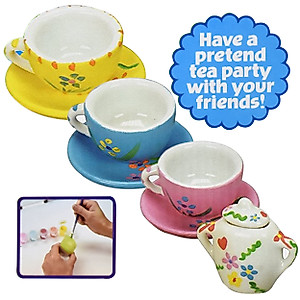 Number 1 in Gadgets Paint Your Own Tea Set for Kids, Decorate Your Own 11 Piece Craft Set of Porcelain Dishes, Includes Six Paint Pots and Paint Brush