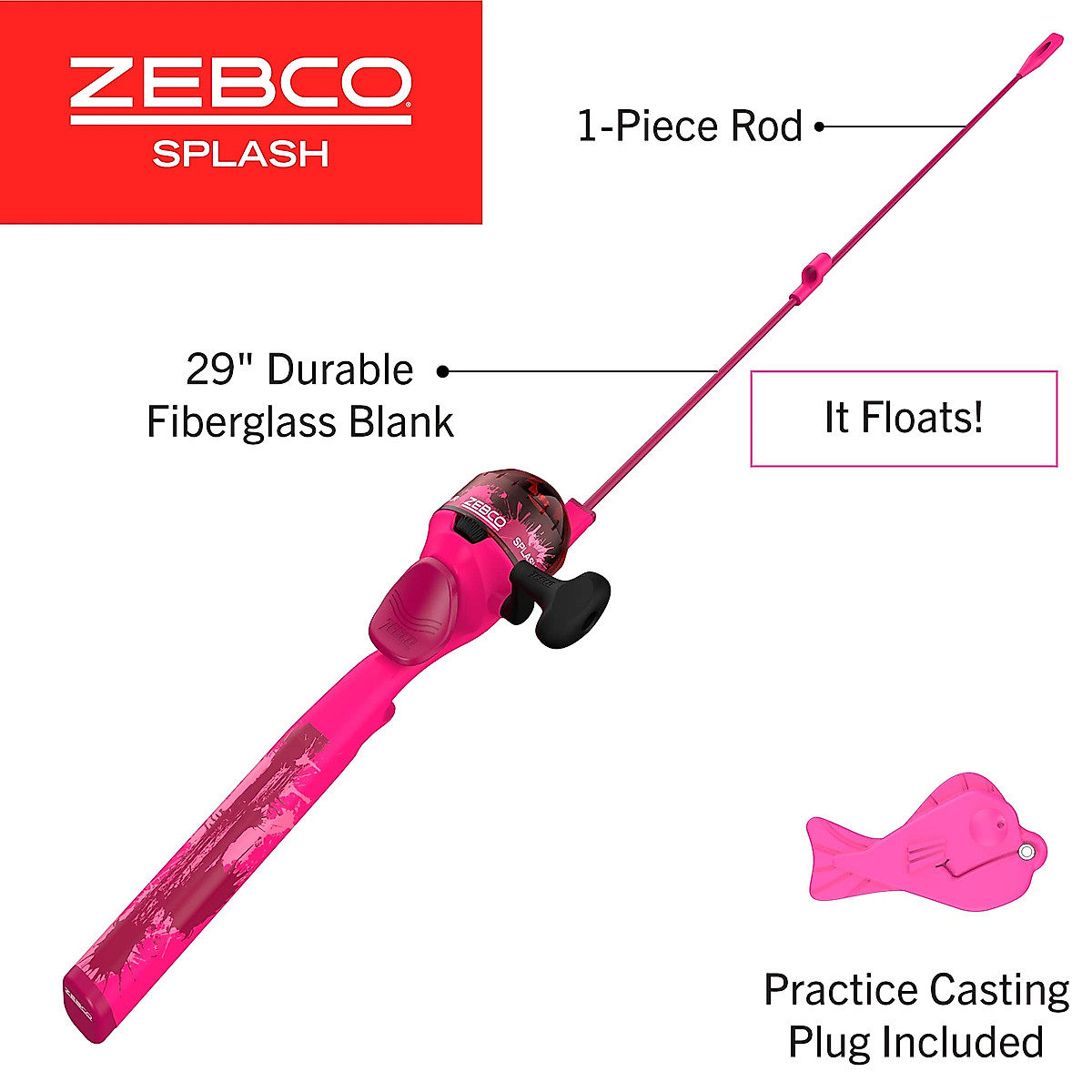 Zebco Kids Splash Floating Spincast Reel and Fishing Rod Combo & Flambeau Outdoors 6009TD Lil' Brute Tackle Gear Box with Lift-Out Tray, Blue Pink