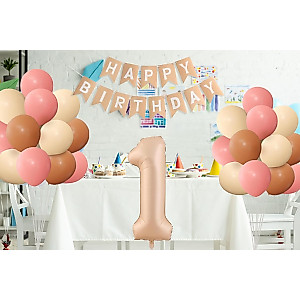 Boho 1st Birthday Decorations For Girls,40 Inch Cream 1 Balloon, Nude Dusty Pink Brown Balloons And Birthday Banner For Boho One Year Old Birthday Decorations Groovy Anniversary Baby Shower Decor