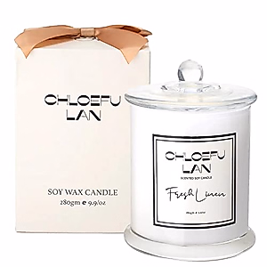 Chloefu LAN White Linen Highly Fragranced Candle Luxury Scented Soy Jar Candle Natural Soy Candle for Home Spring Candles Gifts for Women, 10 oz 65 Hours