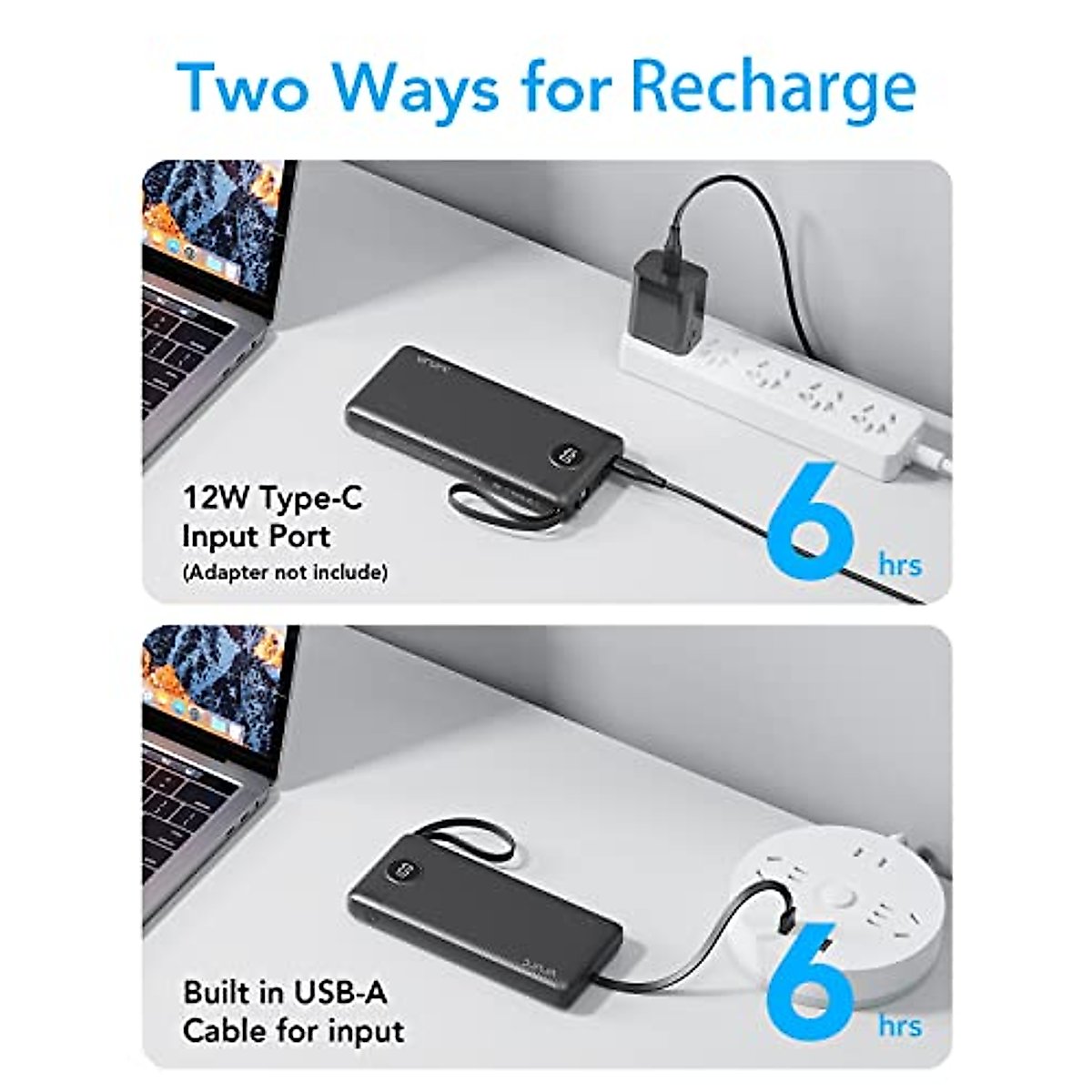 Portable Charger with Built in Cables,VRURC 10000mAh Ultra Slim USB C Power Bank,5 Output 2 Input LED Display External Battery Pack Phone Charger Compatible with Smart Devices and Cell Phones(1 Pack)