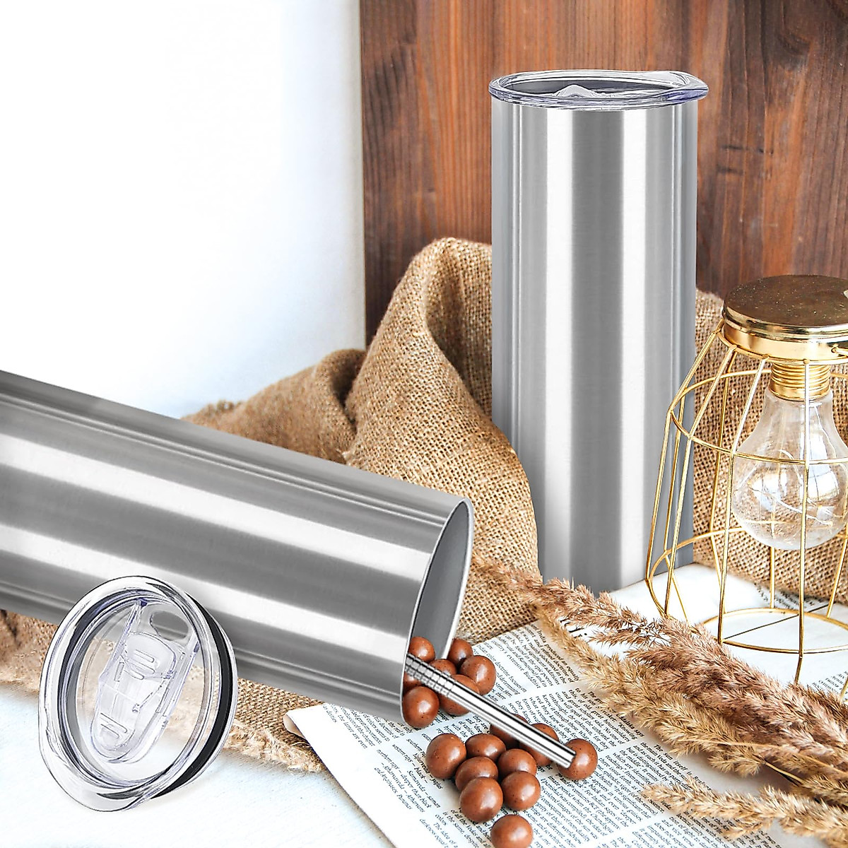 YOUKE OLA 16 Pack Stainless Steel Skinny Tumblers Blank Bulk Straight Double Wall Insulated Tumbler with Lid and Straw for, DIY Gift, 20oz Silver