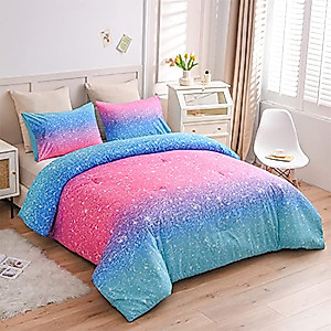 Holawakaka Kids Space Star Glitter Comforter Set Ombre Pink & Blue Print Gradient Bedding Set Twin Size (Pink Blue, Twin)