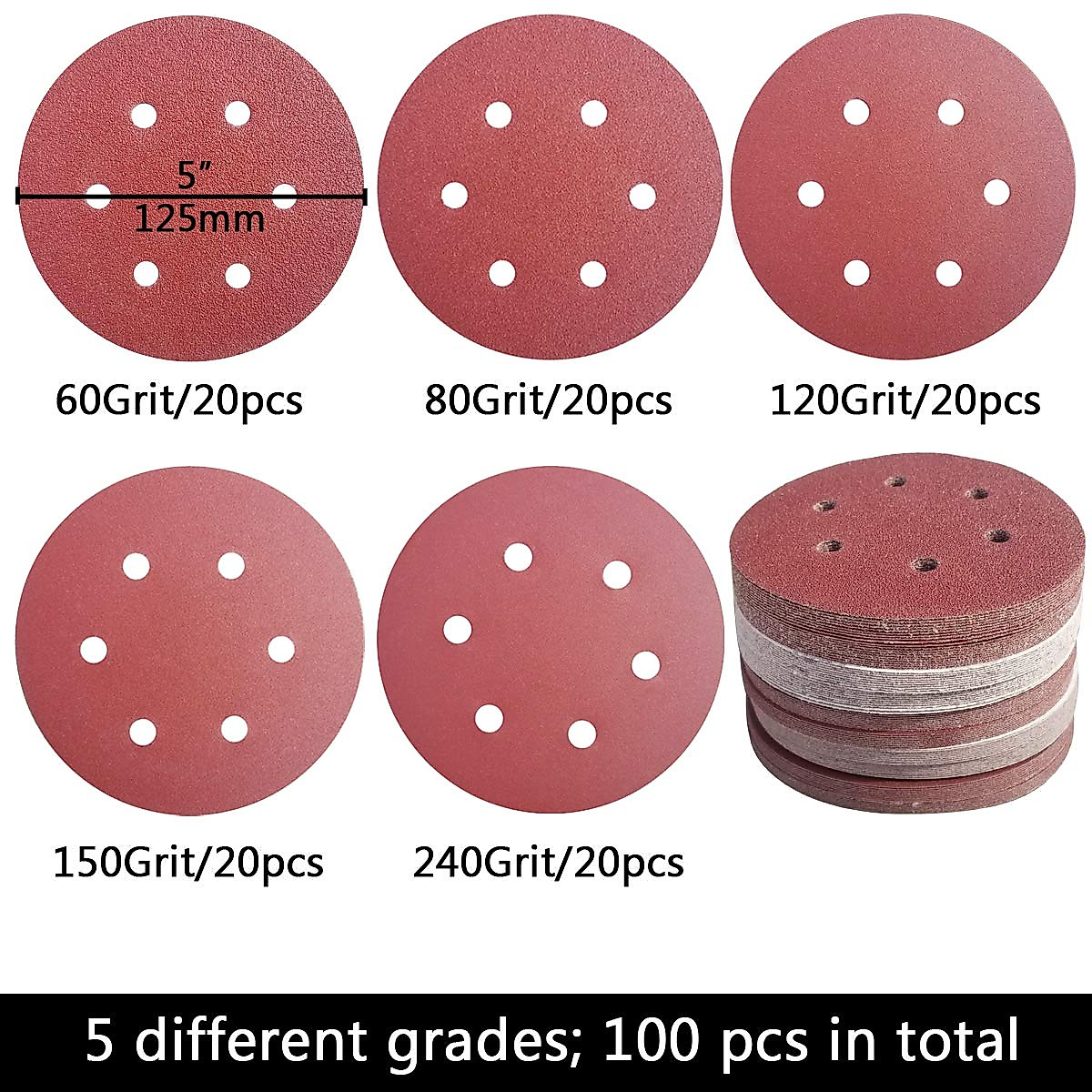 SACKORANGE 100 PCS 6 Inch 6 Holes Sanding Disc - 20 PCS Each of 60 80 120 150 240 Grits, 6" Hook & Loop Backing Random Orbital Sandpaper Sand Paper for Automotive Paint, Woodworking Wood, Metal