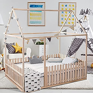 Full Size Single Floor Bed Frame Children's Room with Roof and Fence Wooden Natural Modern Contemporary Nature Wood Finish Handmade