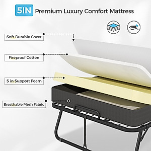 SPERTIKC Folding Bed with 5” Mattress, 75" x 38" Twin Folding Bed for Adults, Portable Foldable Twin Bed, Fold up Guest Bed with Study Metal Frame on Wheels, Space Saving