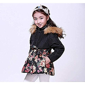 SS&CC Girls' Long Flower Printing Bowknot Winter Hooded Down Jacket 10-12 Years