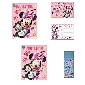 Unique Minnie Birthday Party Supplies Bundle Pack includes 24 Party Invitations with Envelopes and 1 Dinosaur Sticker Sheet