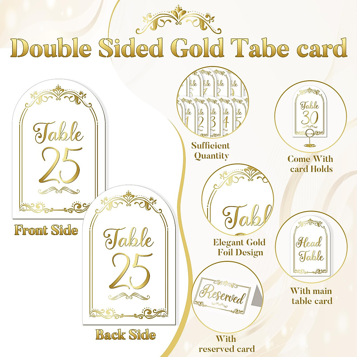 ZhouBoat 31 Sets Arch Gold White Table Number Cards with Holders and Reserved Seating Signs, Double Sided Gold Foil Table Number 1-30 and Head Table 4x6 Inch Birthday Wedding Reception Table Signs