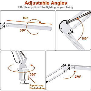 LED Desk Lamp, BZBRLZ Metal Swing Arm Lamp, Eye-Caring Architect Task Lamp, Dimmable Office Table Lamp with 3 Color Modes, 10 Brightness Levels & Adapter, Memory Function(White)