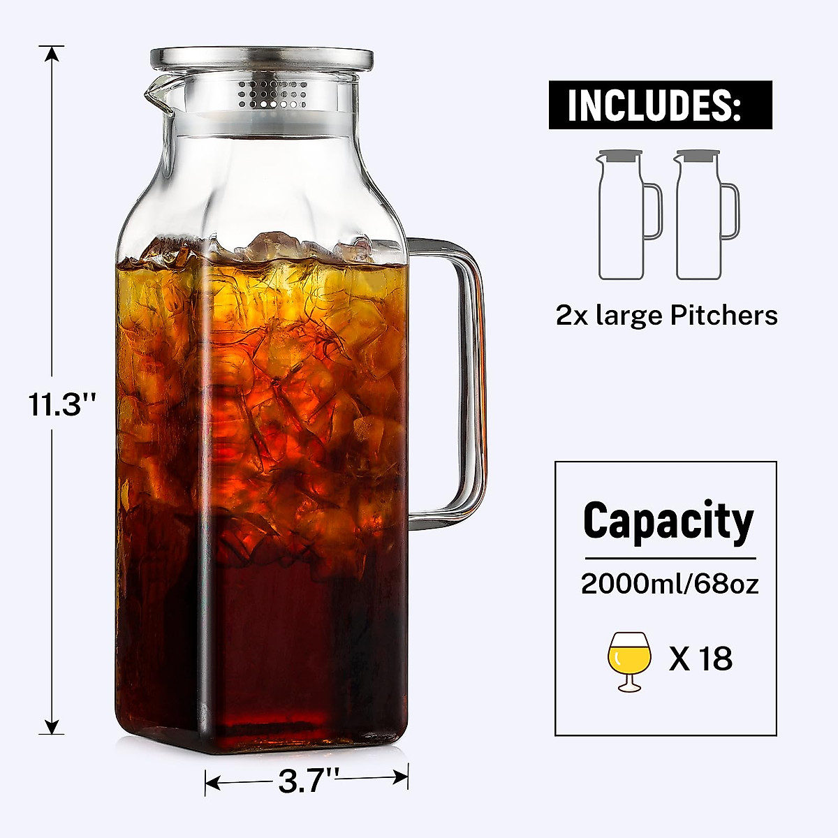 Netany 2 Pack 2 Liters/68 oz Square Glass Pitcher with Lid and Handle for Fridge, Iced Tea and Coffee Carafe Beverage Serveware, Heat Resistant Borosilicate Water Jug for Hot/Cold Drinks and Milk