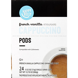 Amazon Brand - Happy Belly Cappuccino Coffee Pods Compatible with 2.0 K-Cup Brewers, French Vanilla Flavored, 24 Count