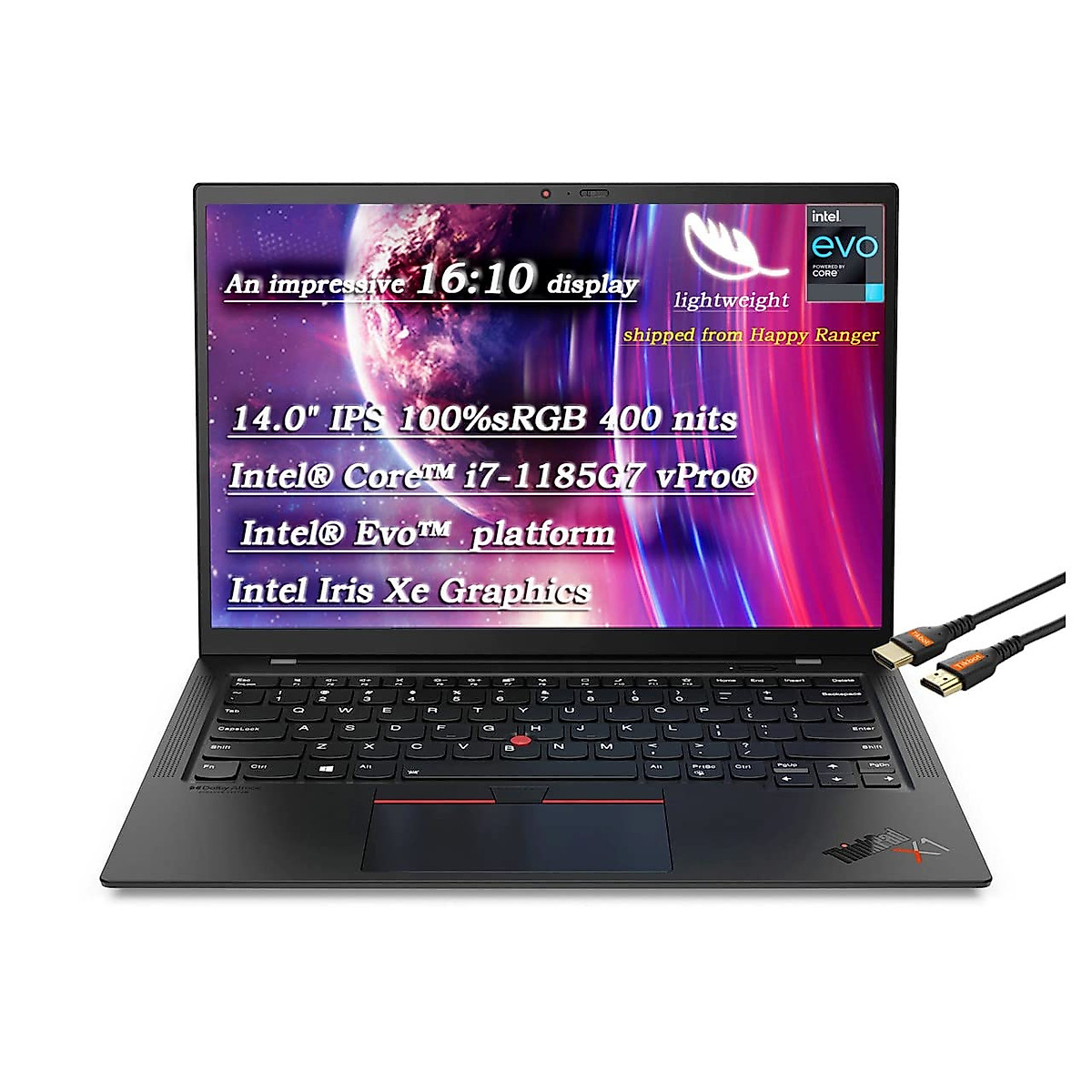 Lenovo Thinkpadx1 Carbon Gen9 Intel Evo Laptop Core i7-1185G7| Windows11 Pro| 14inch WQXGA 16:10 IPS Display| Backlit Keyboard| Thunderbolt4| Wi-Fi6| Fingerprint| HDMICable (16GB RAM | 1TB PCIe SSD)