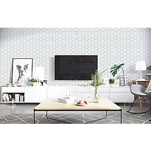 Fiula Hexagon White Wallpaper Peel and Stick Wallpaper 197” ×17.3” Removable Wallpaper Self Adhesive Wallpaper White and Grey Wallpaper Modern Wall Paper Decor Shelf Liner Vinyl Wallpaper