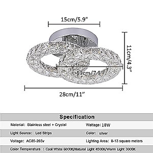 Kadomm Crystal LED Chandelier 2 Ring Light Fixture Flush Mount Pendant Light for Bedroom Modern LED Ceiling Light for Living Room Hallyway Ceiling Lamp (3-Color Light)