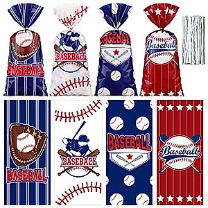 HOTOP 100 Pcs Baseball Cellophane Bags Baseball Party Favors Baseball Gift Treat Bags Baseball Goodie Candy Snack Bags with Ties Baseball Birthday Party Decorations Supplies Baby Shower Party Serves