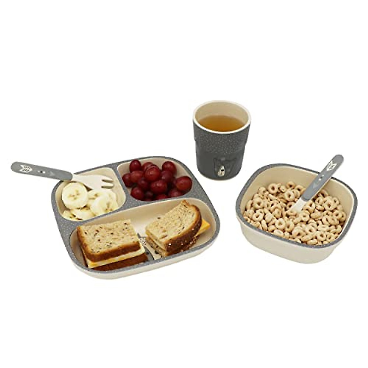 Kids 5 piece Dinnerware Set - Bamboo Toddler Dinner Set - Dishwasher Safe - The Perfect Childrens Dining Set With A Bowl, Plate, Cup And Utensils- Divided Plate Which Is Great For Fussy Eaters