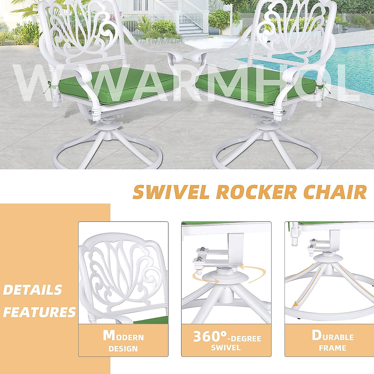 W WARMHOL Patio Dining Chairs Set of 2 Swivel Patio Chairs, Outdoor All-Weather Cast Aluminum Furniture Chairs Set with Cushion, Bistro Rocker Chairs for Deck, Lawn, Garden, Backyard, White