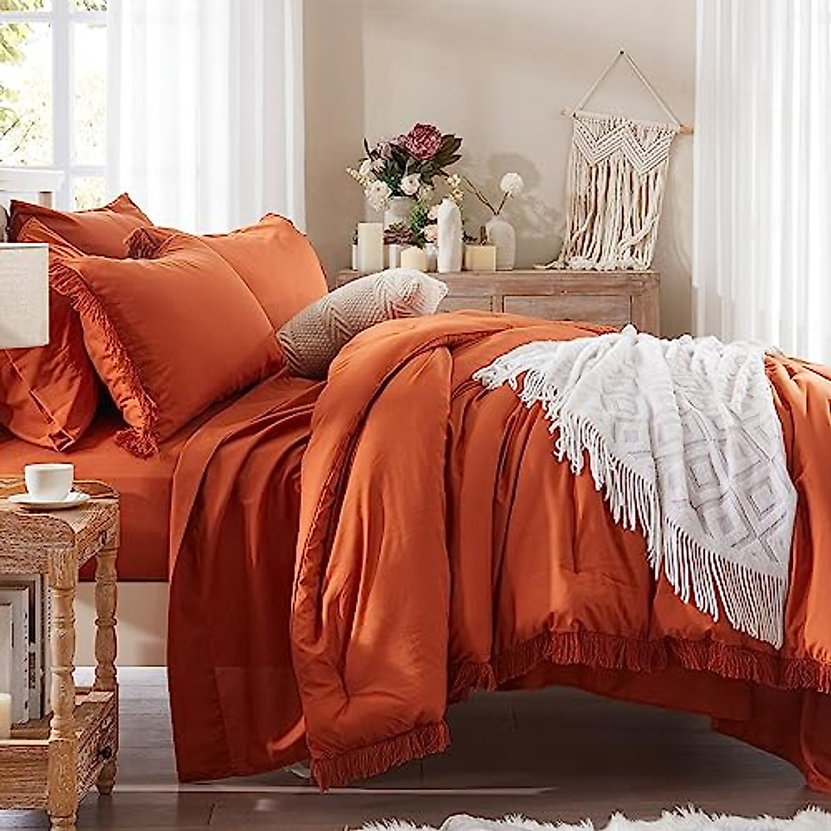 Anluoer Queen Comforter Set, Burnt Orange Boho Bed in a Bag 7 Pieces with Comforter and Sheets, All Season Bedding Sets with 1 Comforter, 2 PillowShams, 2 Pillowcases, 1 Flat Sheet, 1 Fitted Sheet