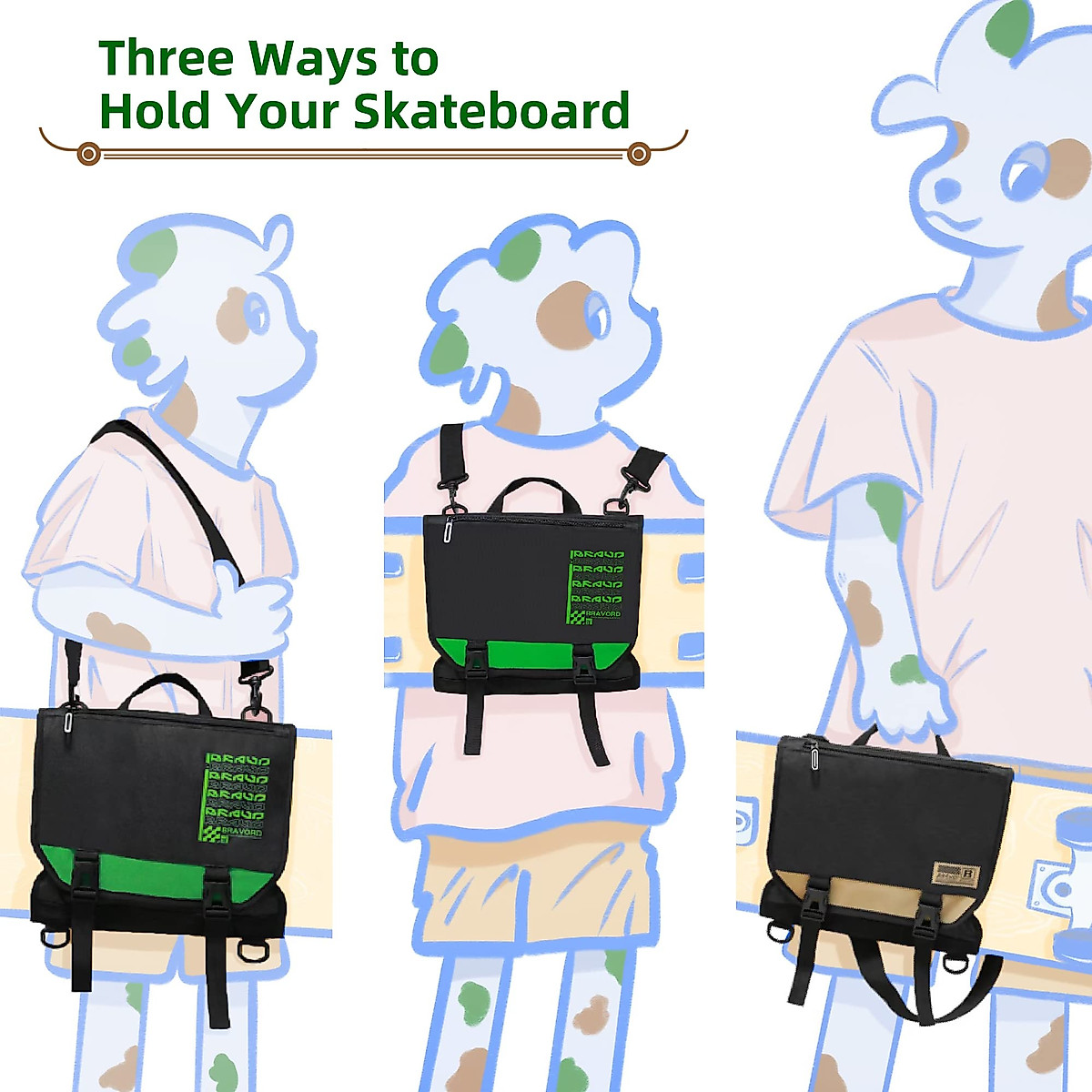 BRAVORD Skateboard Backpack Bag Carrier with Helmet Cargo Net for Crusier Skateboard Electric Skateboard and Longboard (Khaki)