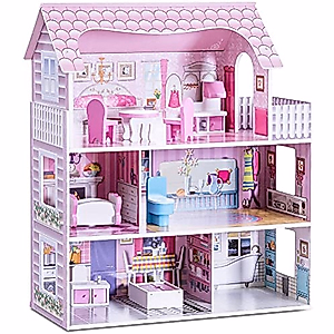 HONEY JOY Dollhouse with 8 Pcs Furniture, 3-Level Wooden Doll House, Pretend Play Kids Doll’s House, Princess Mini Toy House Furniture Playset, Gift for Little Girls (Pink, 2.5FT)