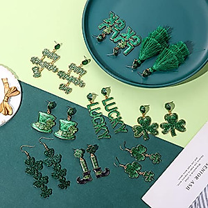 St Patricks Day Earrings Set, Green Shamrock Earrings for Women, Letter LUCKY Irish Earrings Layered Tassel Earrings, St. Patricks Day Accessories Holiday Jewelry Gifts (9 Pairs)