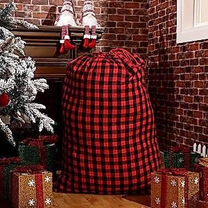 2 Pieces Christmas Sack Buffalo Plaid Drawstring Storage Bags Exlarge 39.37 x 25.9 Inch Xmas Storing Sacks Bags for Party Favors Supplies (Black and Red Plaid)