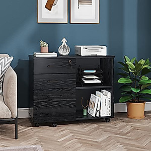 Wood File Cabinet, 3 Drawer Mobile Lateral Filing Cabinet On Wheels, Printer Stand with Open Storage Shelves for Home Office (Black 2)