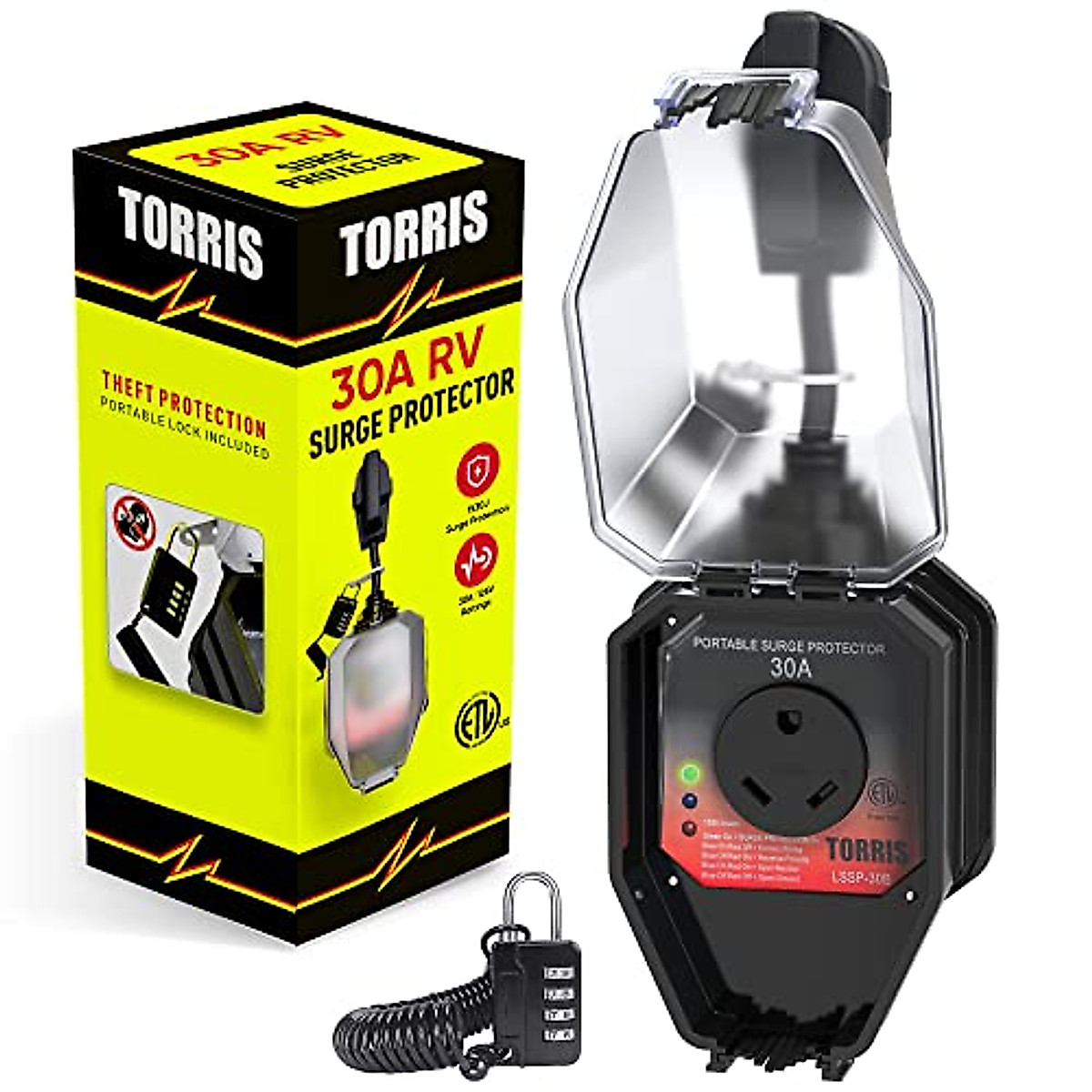 TorrisToys RV Surge Protector 30 Amp - Мandatory Camper Accessories - RV Electrical Adapter with ETL Tested - Easy to Use Handle, Waterproof Cover, Anti-Theft Lock