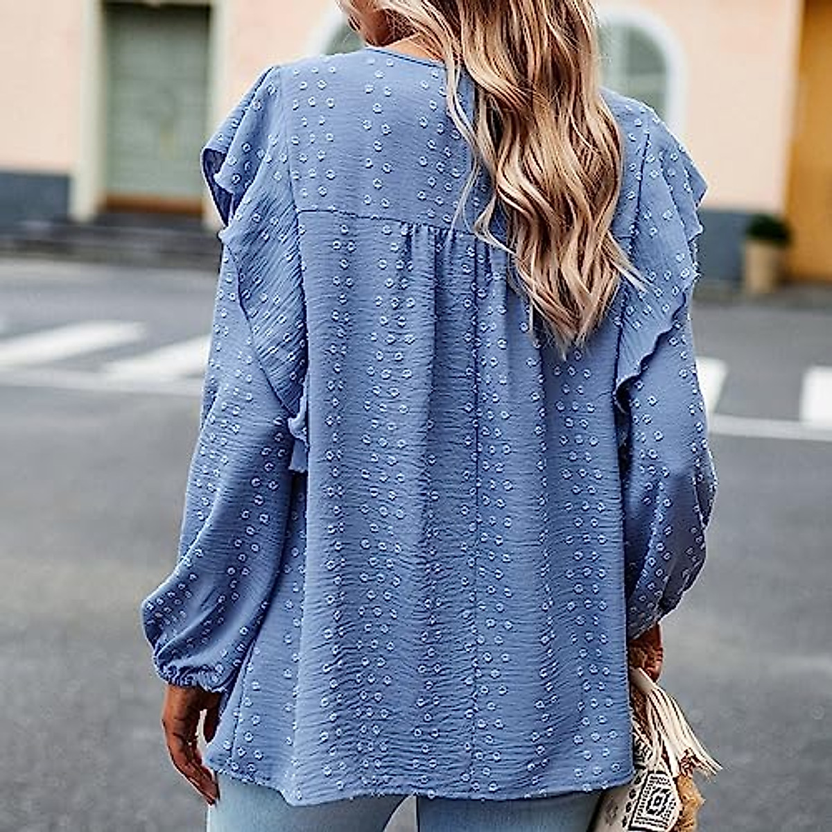 Orders Placed by me Womens Tops Dressy Casual Solid Color Long Sleeve Round Neck Blouses Swiss Dot Flowy Pleated Stylish Shirts Blue M