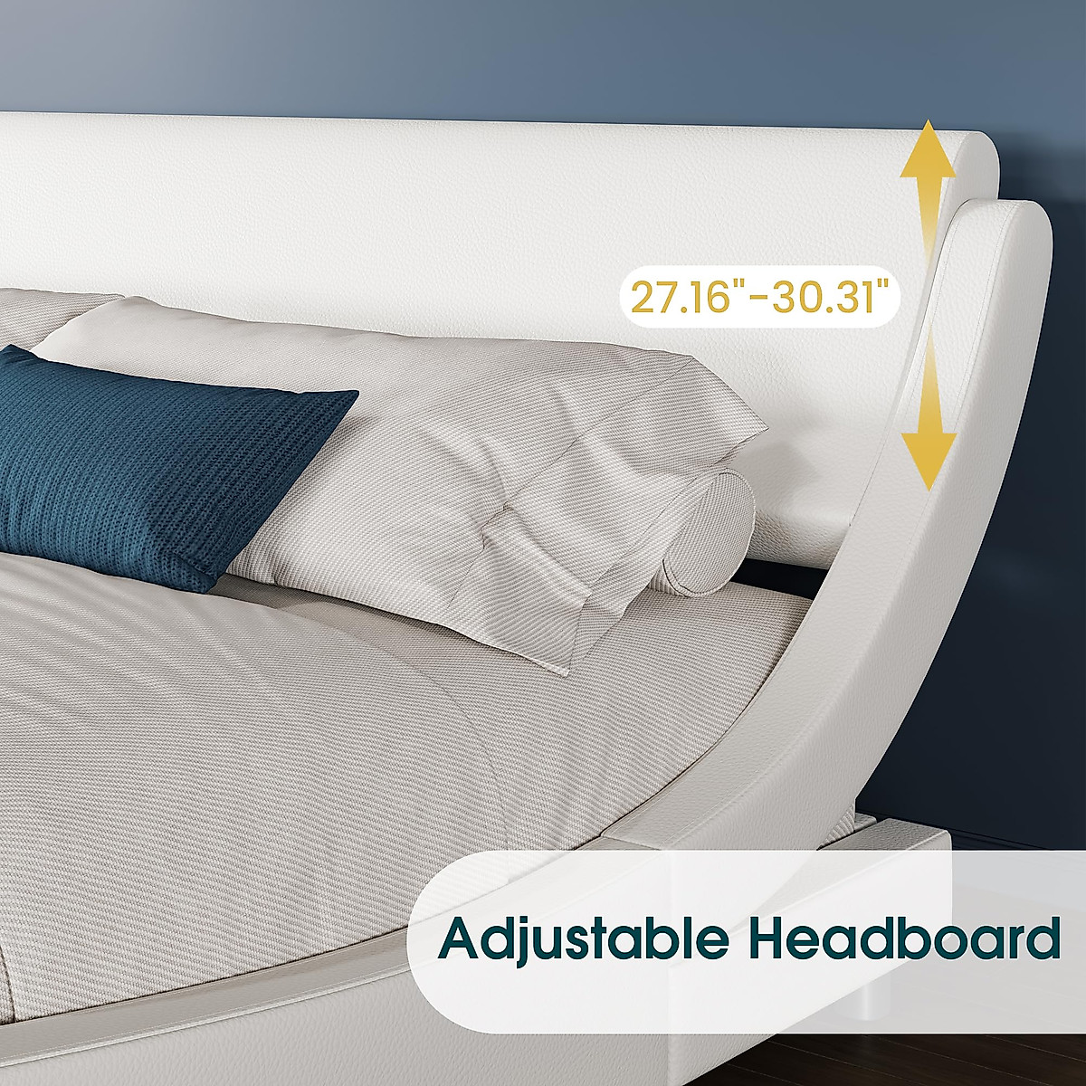 WEEWAY Modern Queen Size Upholstered Platform Bed Frame, Faux Leather Sleigh Bed with Adjustable Headboard, Strong Wood Slats Support, No Box Spring Needed, White