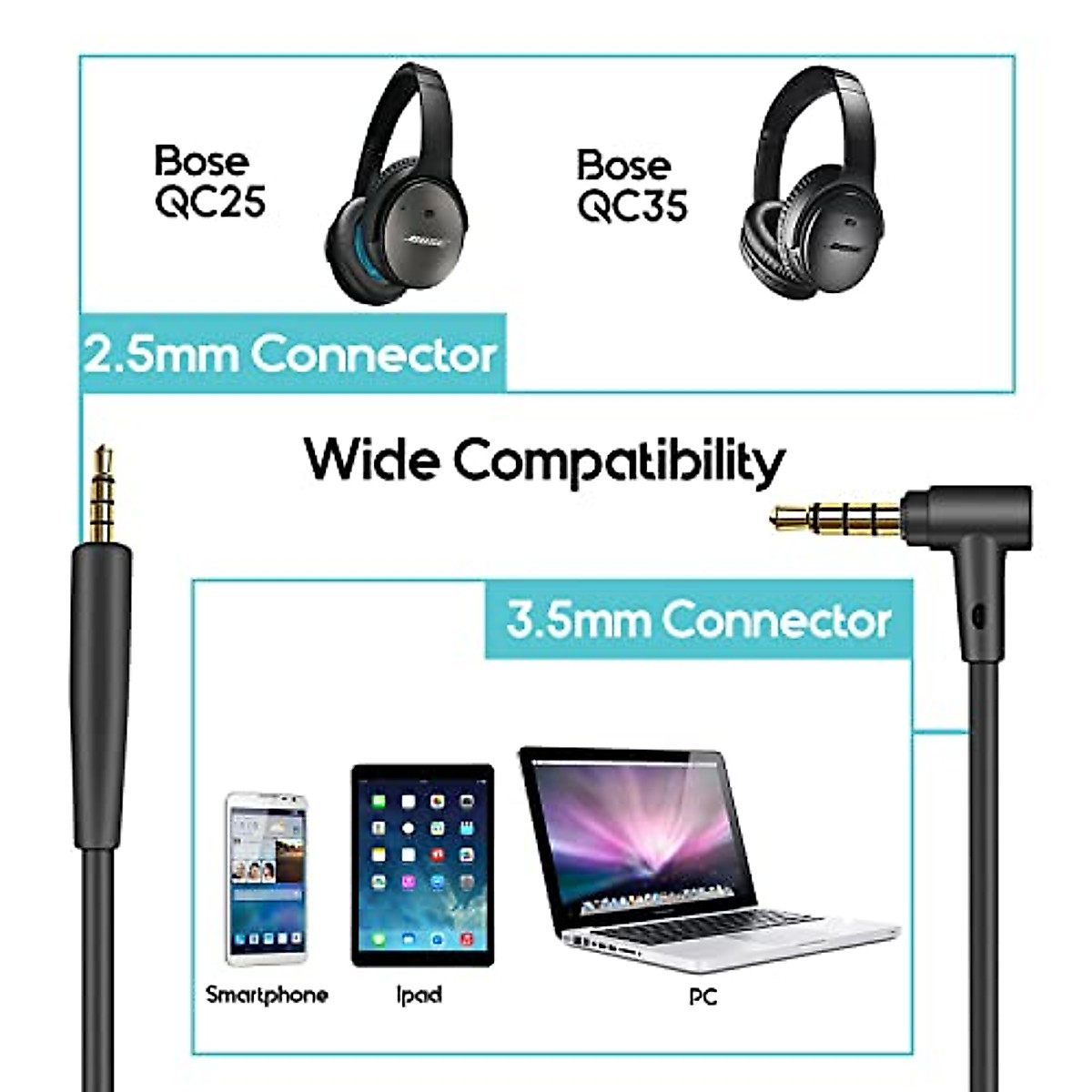 ElloGear Replacement Bose Headphone Cable Cord for Bose Quiet Comfort QC25, QC35, QC35II, JBL E55BT - Cable Audio Aux Cord with Mic Inline Volume Control
