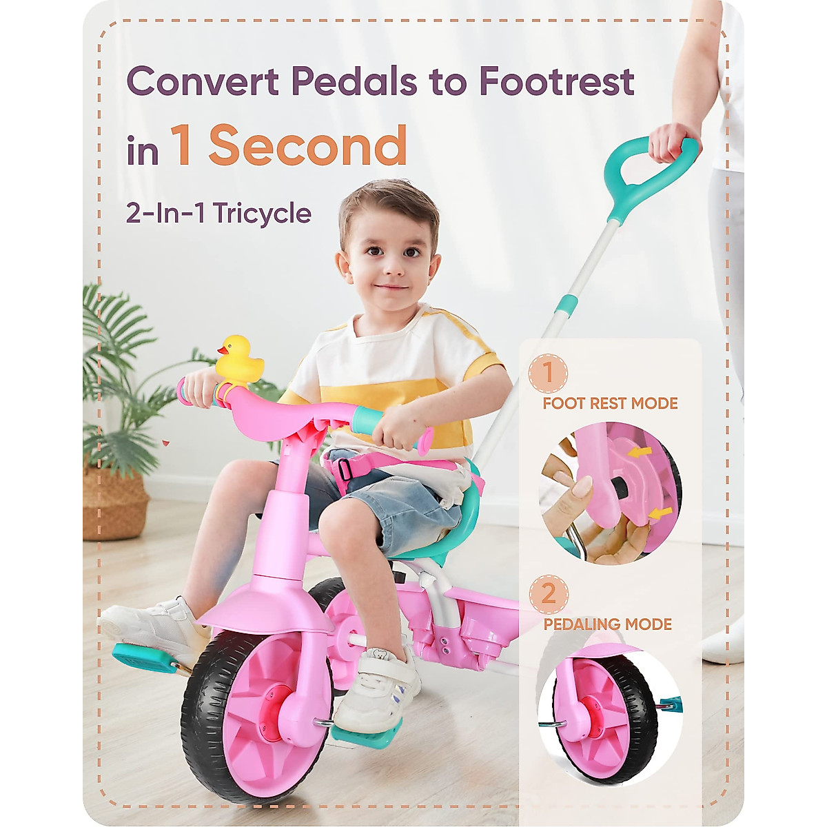 KRIDDO 2 in 1 Kids Tricycles Age 18 Month to 3 Years, EVA Wheels Upgraded, Gift, Trikes for Toddlers 2 to 3 Year Old with Push Handle and Duck Bell, Pink