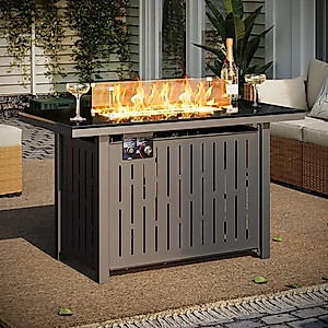 LAUSAINT HOME 43" Outdoor Fire Pit Table, 50,000 BTU Auto-Ignition Propane Gas Firepits with Glass Wind Guard, Fire Glass and Lid for Outside Patio
