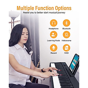 KONIX Folding Piano Keyboard, 88 Keys Full Size Semi-Weighted Foldable Piano, Portable Electric Keyboard Piano with Light Up Key, Sustain Pedal, Piano Stickers, Sheet Music Stand and Piano Bag, Black