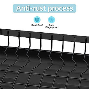 TAIJUELE Dish Drying Rack with Draining Plate, 2-Tier Rust Resistant Draining Rack for Kitchen Counter, Large Capacity Dish Organizer with Extra Drying Rack (Black)