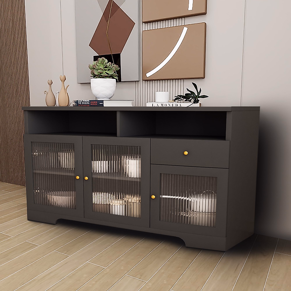 Kitchen Buffet Sideboard, Cabinet Storage Buffet Cabinet with Storage 46” 3 Glass Door and Adjustable Shelves, Modern Sideboard Wood Coffee Bar Cabinet